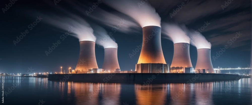 Rendering of a nuclear power plant with floating turbines and air ...