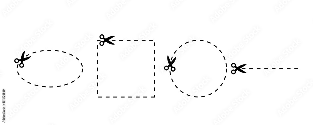 Scissors icons with dotted lines set. Cut here pictogram for coupons ...