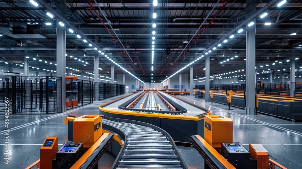 Photograph of an automated sorting facility with conveyor belts and ...