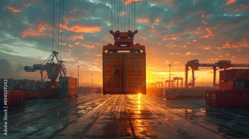 Massive container crane lifting a shipping container at a dockside port ...