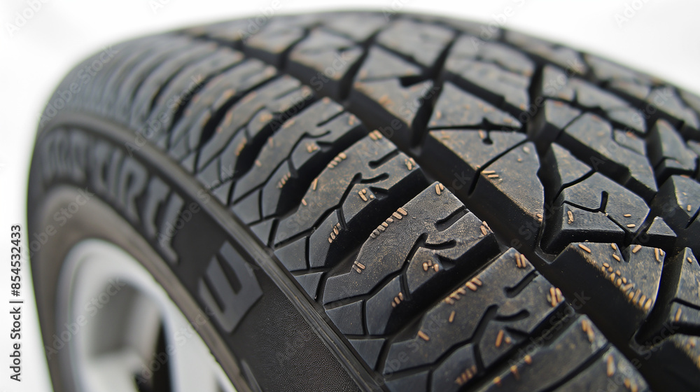 A close-up view of a tire, emphasizing its tread pattern. The tread has ...