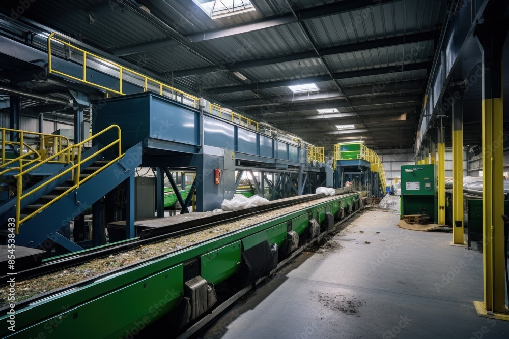 A modern factory with a conveyor belt and machinery for waste recycling ...