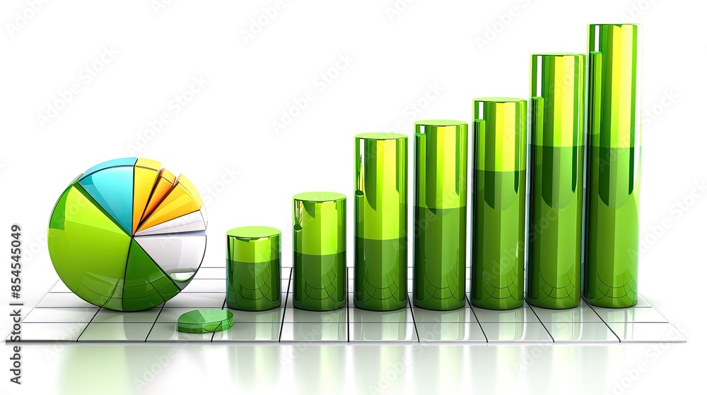 3D green bar graph and pie chart on reflective surface, symbolizing ...