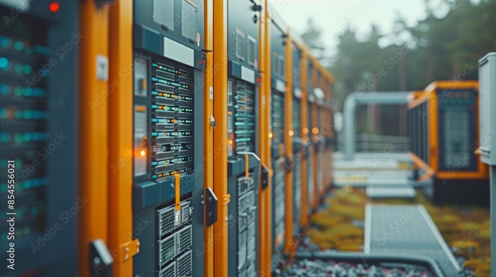 A close-up of a grid-scale energy storage facility, with rows of large ...