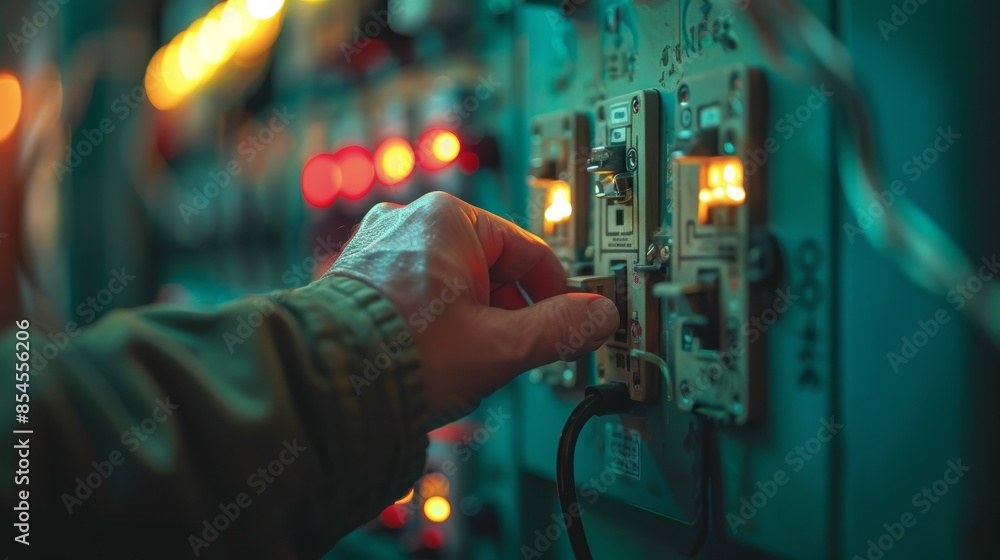 A close-up of a hand resetting a tripped circuit breaker, showing the ...