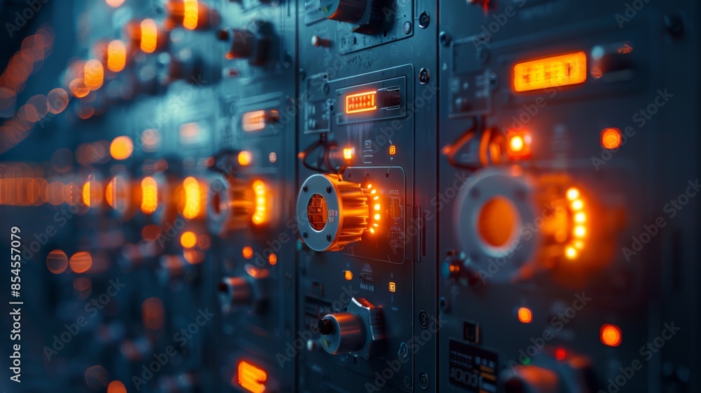 A detailed image of a high-voltage electrical switchgear panel, with ...