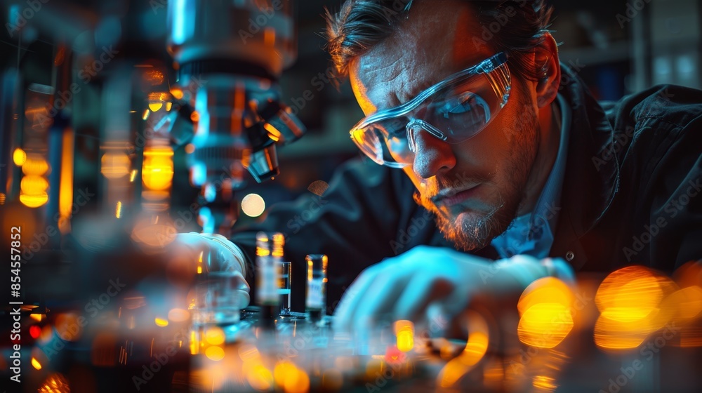 A high-resolution photograph of a scientist working in a laboratory ...