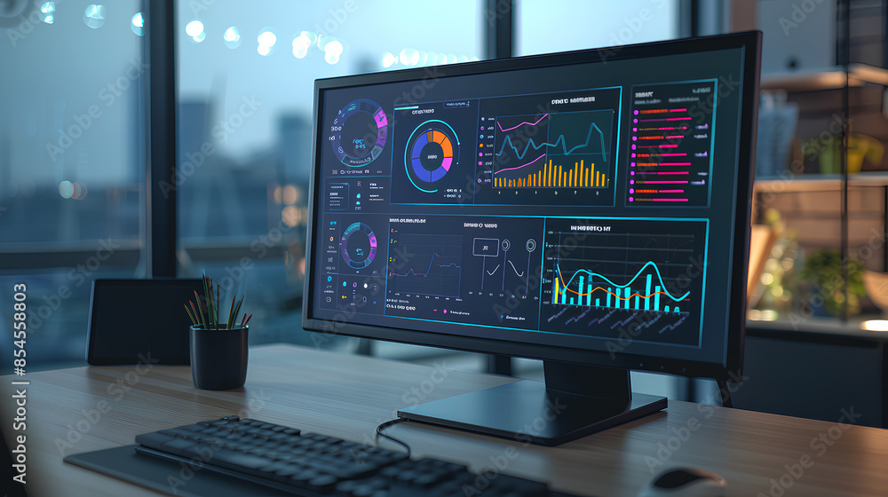 Computer monitor displaying an abstract network monitoring dashboard with real-time data ...