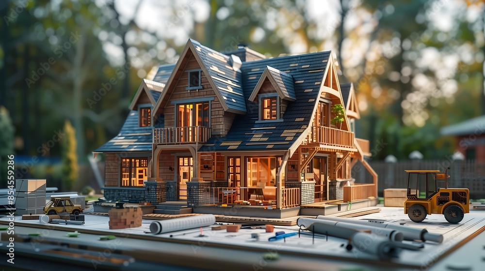 architectural project papers laid out neatly, showing floor plans, 3D ...