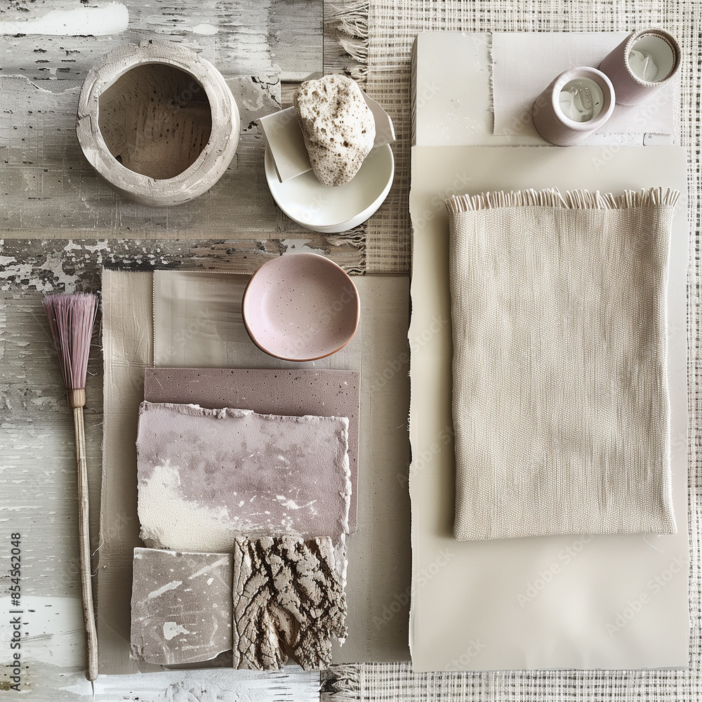 make a simple material mood board with interior details for living room ...