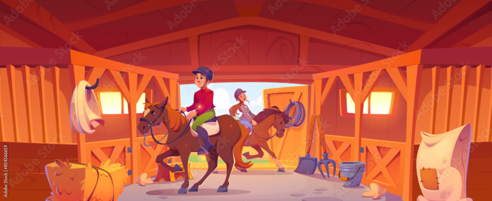 Horseback female and male riders in ammunition entering to stable on ...