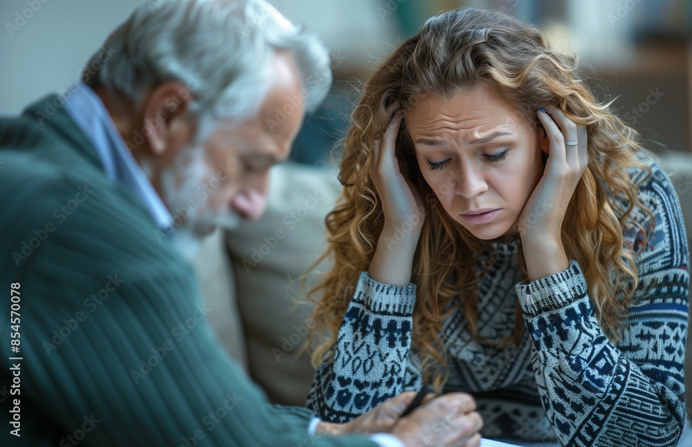 Middle aged woman crying on the sofa during therapy, holding head, with ...