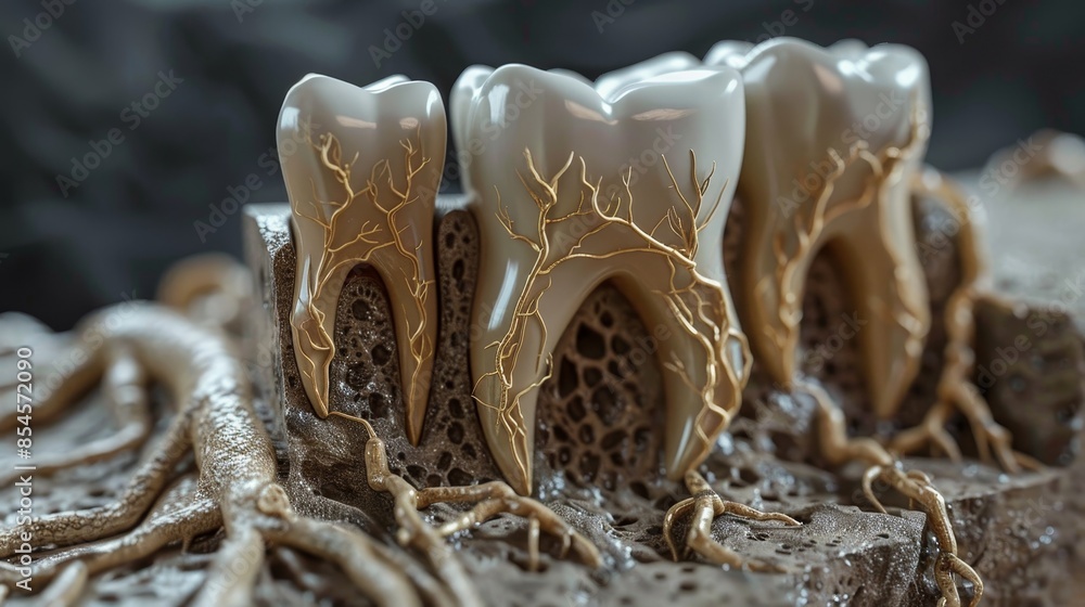 Model of a tooth with root inflammation, detailed depiction, tree roots ...