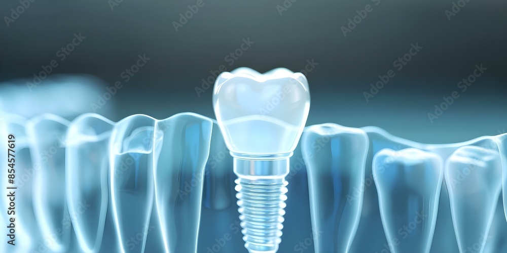 Xray of dental implant anchored in jawbone during placement procedure ...