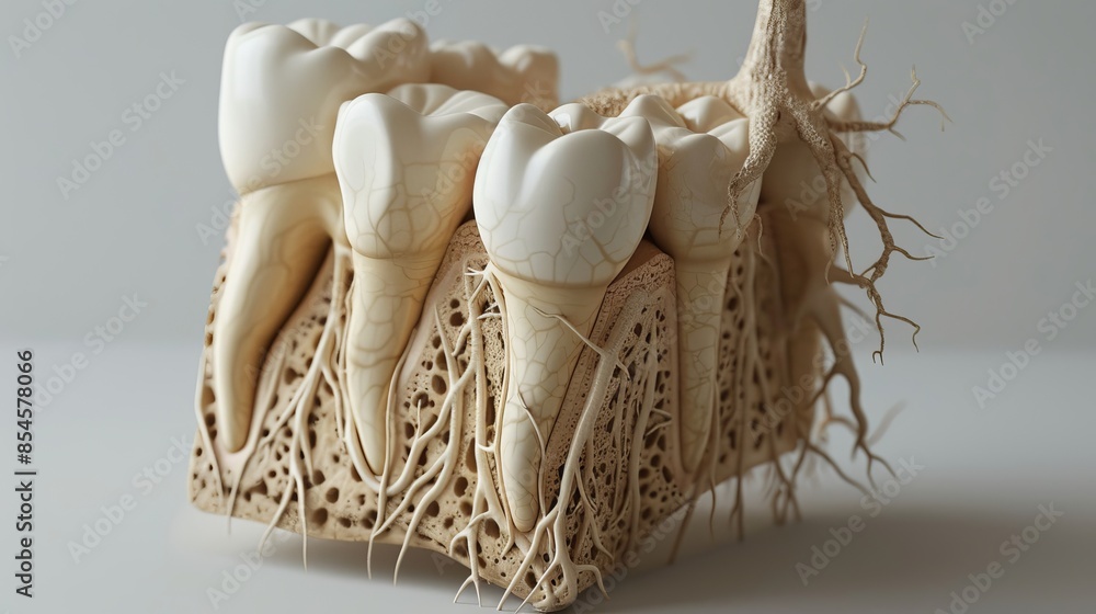 Tooth model depicting inflamed roots, tree roots merging with molar ...