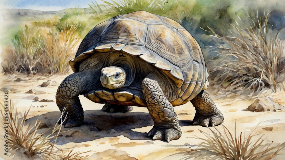 Watercolor painting: A Galapagos tortoise lumbering through its island ...