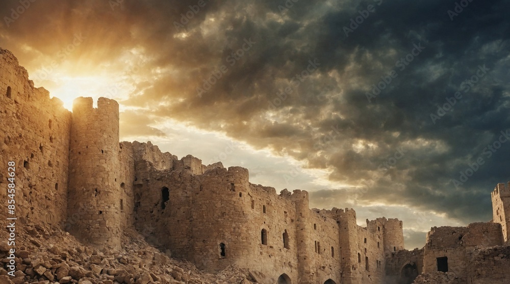 Destruction of Jericho. Crumbling medieval castle fort walls. Biblical ...