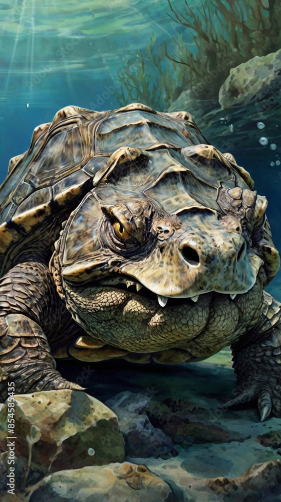 Watercolor painting: An alligator snapping turtle lurking in the depths ...