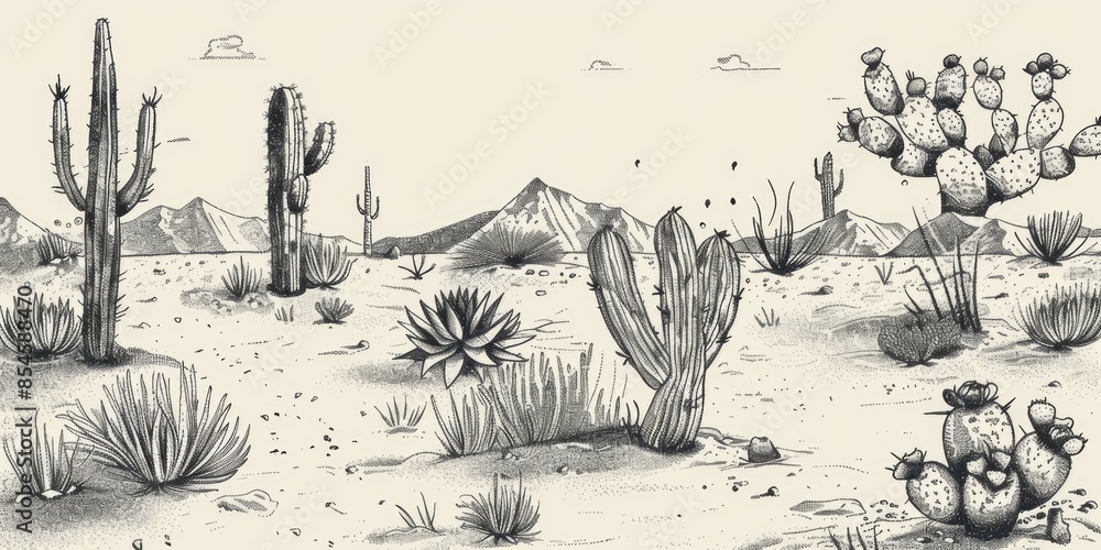 Vintage-style illustration of a desert landscape with various cacti ...