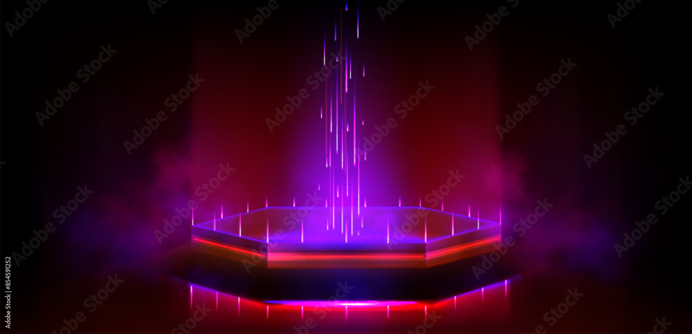 Product or magic portal podium with pink neon glow effect on black ...