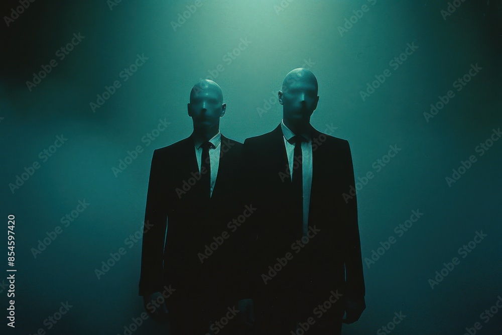Two faceless men in suits stand in an eerie yet compelling light ...