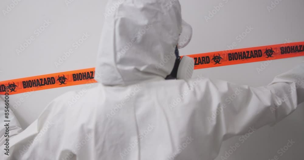 People, hazmat suit and hazard tape for safety with toxic bacteria ...