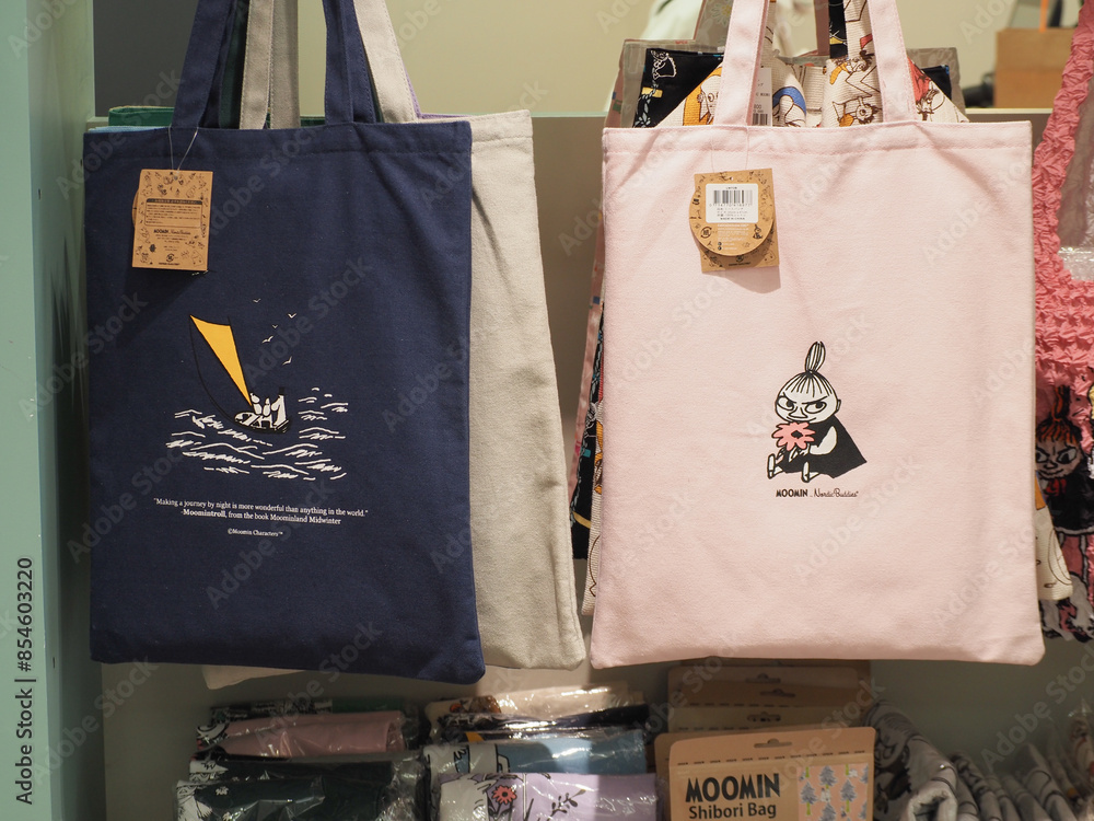 TOKYO, JAPAN - June 16, 2024: Bags with Moomin designs in a Moomin ...