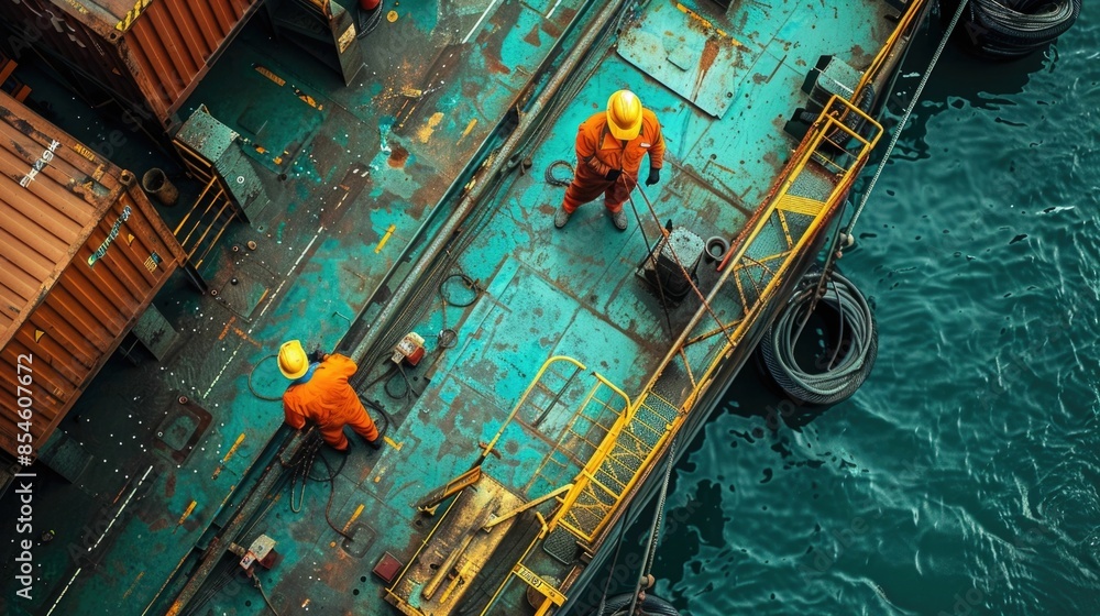 Crew of Workers Securing Cargo Containers on Ship s Deck Prior to ...