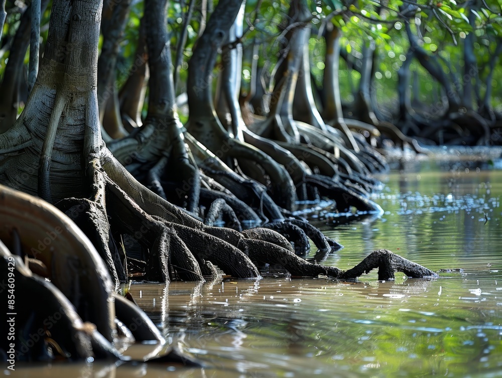 Close-up of mangrove roots in a calm, reflective water setting. Perfect ...