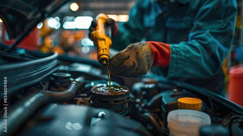 Mechanic Checking Engine Oil Level in Car at Auto Service Station ...