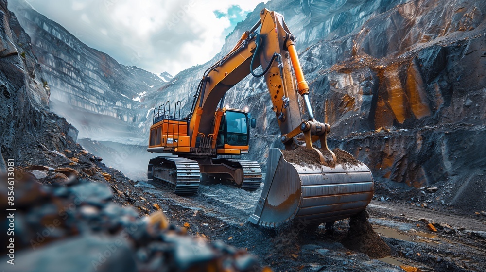 Excavator in open-pit mine. Large excavator operates in an open-pit ...
