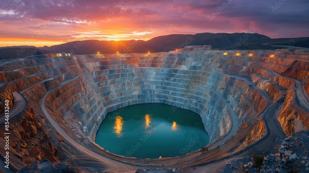 Sunset over terraced open-pit mine. Stunning sunset over a terraced ...