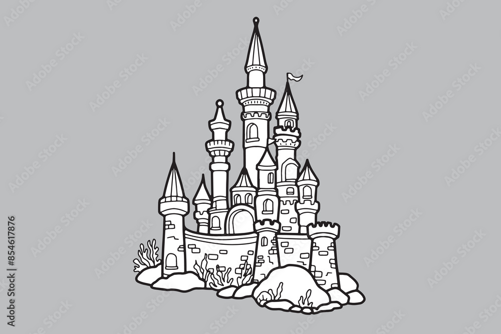 Underwater castle, underwater sea, bastion, nest, sea line drawing ...