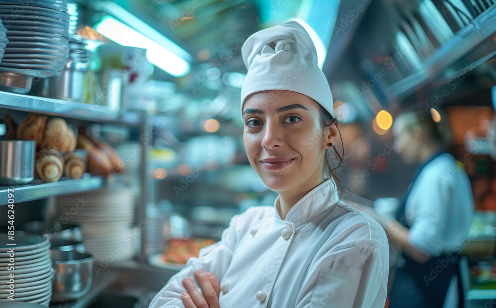 Confident female chef standing in busy restaurant kitchen with arms ...