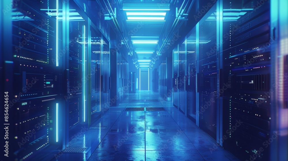 An image of a fully operational data center with multiple rows of fully ...