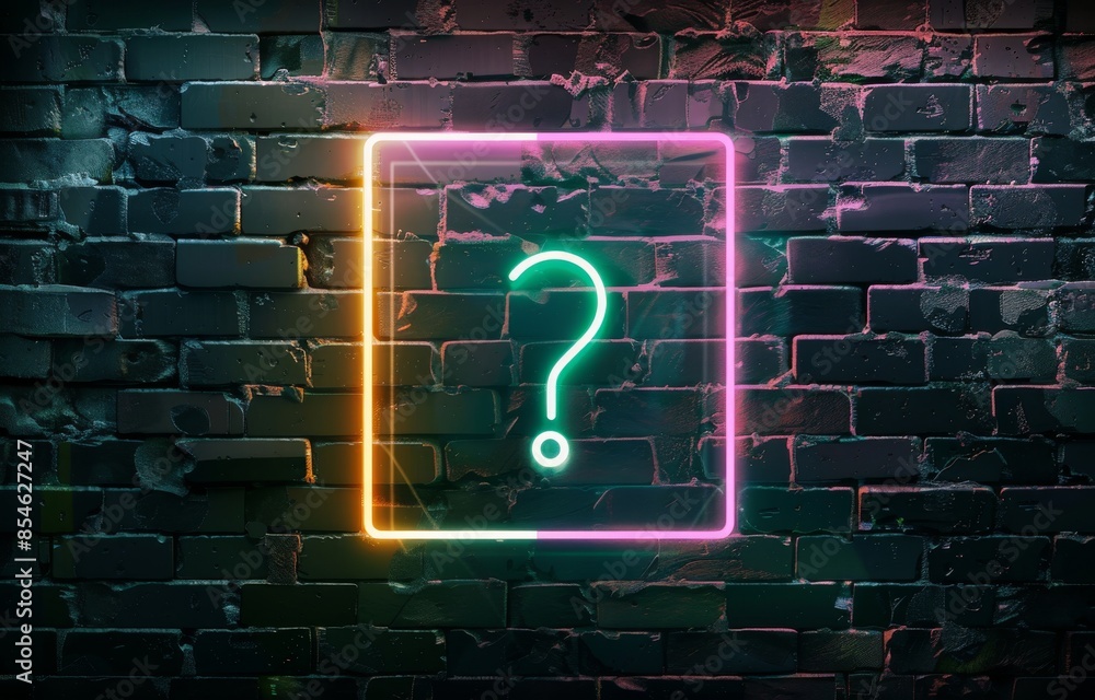 In a realistic style, yellow neon question marks are displayed on a ...