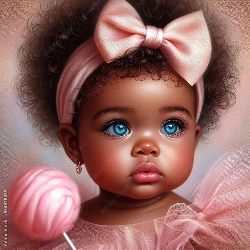 realistic airbrush painting of a baby girl in pastel pink tulle dress ...