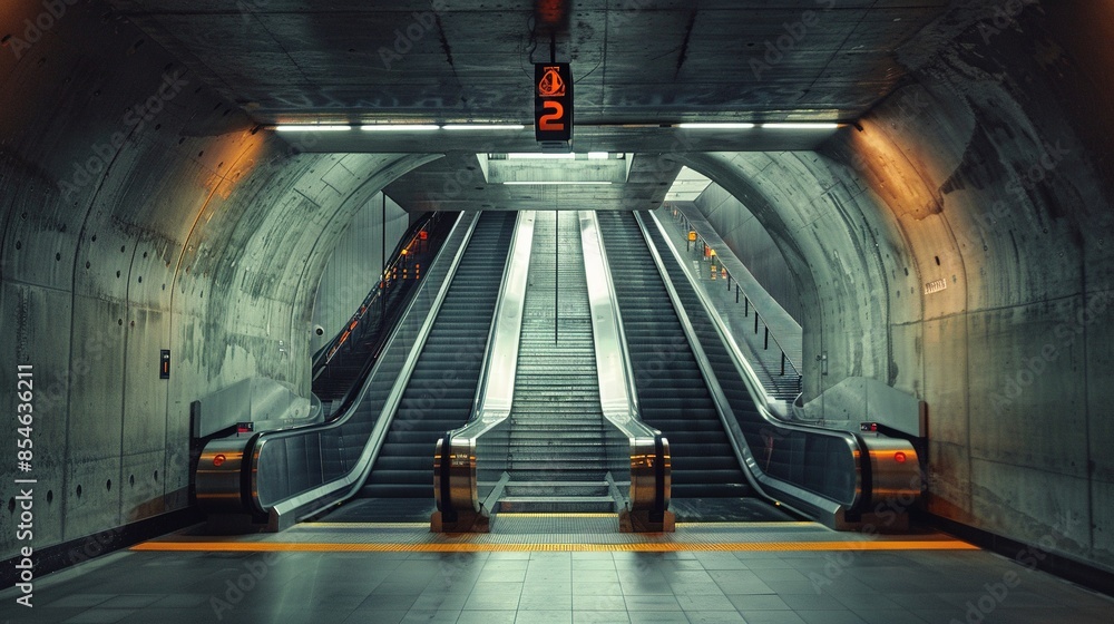 Underground escalator ascent framed by concrete stairs under a warm ...