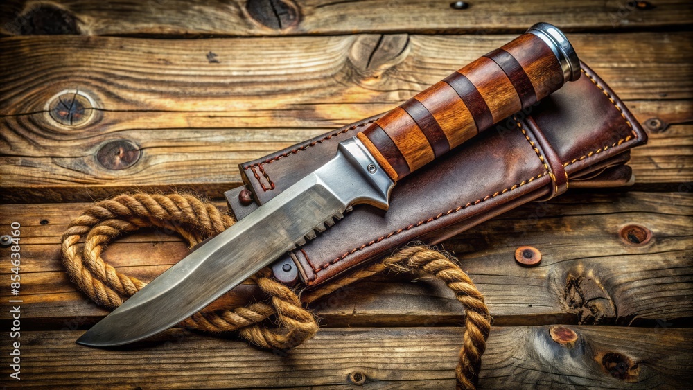 Rugged survival knife with razor-sharp blade and leather-wrapped handle ...