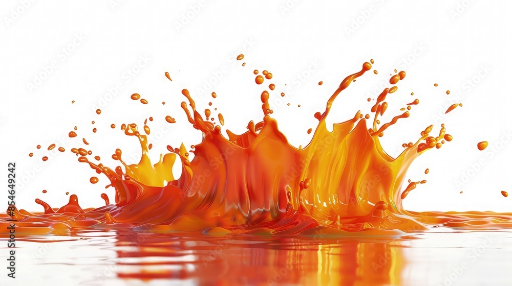 An abstract orange color splash isolated on white, with a fiery and ...