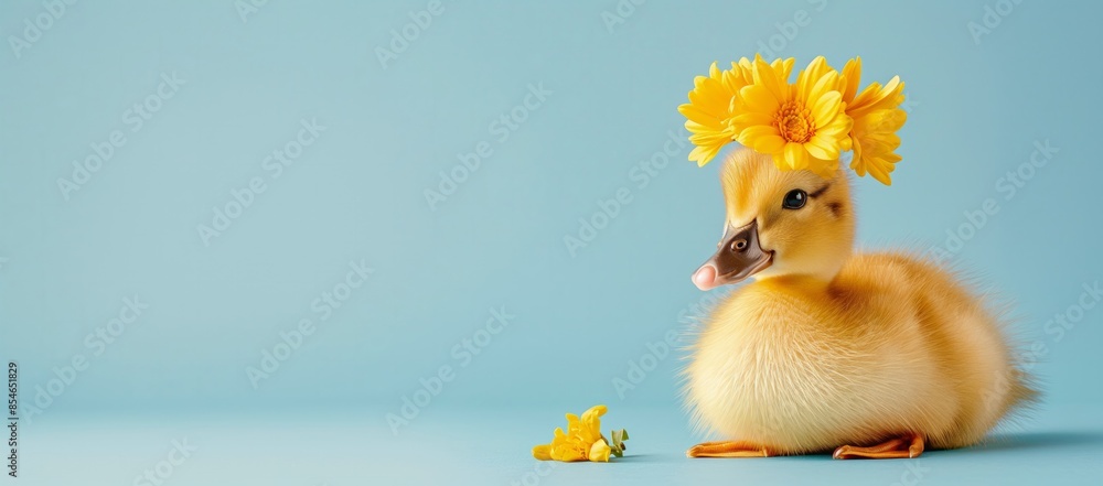Cute portrait of a duckling wearing a flower crown against a blue ...