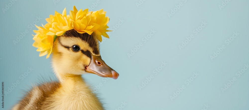 Cute portrait of a duckling wearing a flower crown against a blue ...