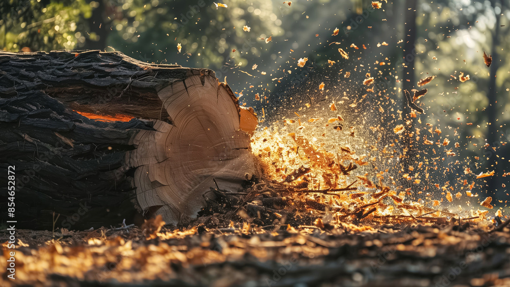 Showing a tree being cut down in a forest, this image highlights the ...