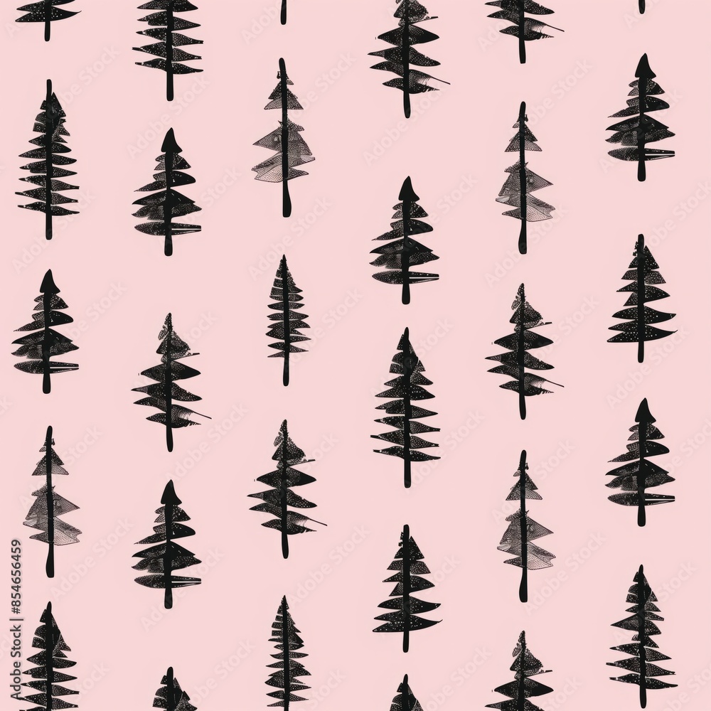 Artistic pattern of black pine trees on a pink background, creating a ...