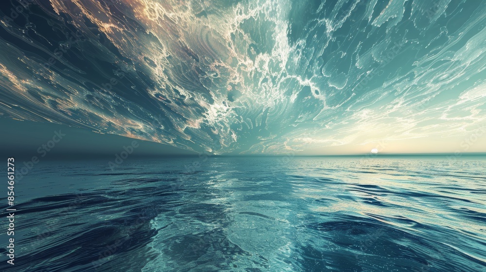 blue sky with clouds and a large wave in the ocean, Fractal Horizons ...