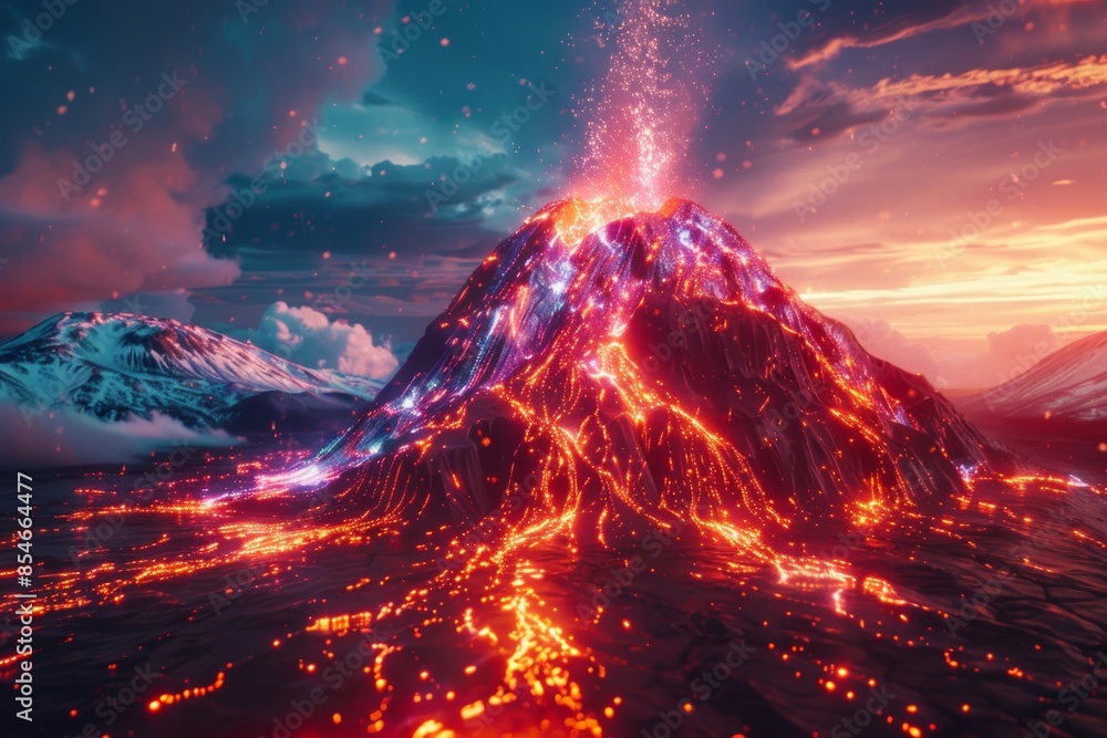 Witness a mesmerizing scene where a holographic volcano erupts amidst a ...