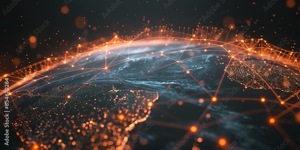 wallpaper global planet network line transfer data cyber, orange color ...