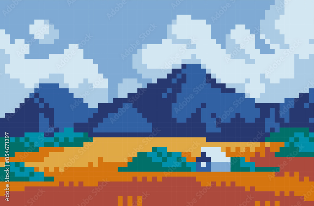 Mountain house landscape pixel art background. 8 bit valley with ...