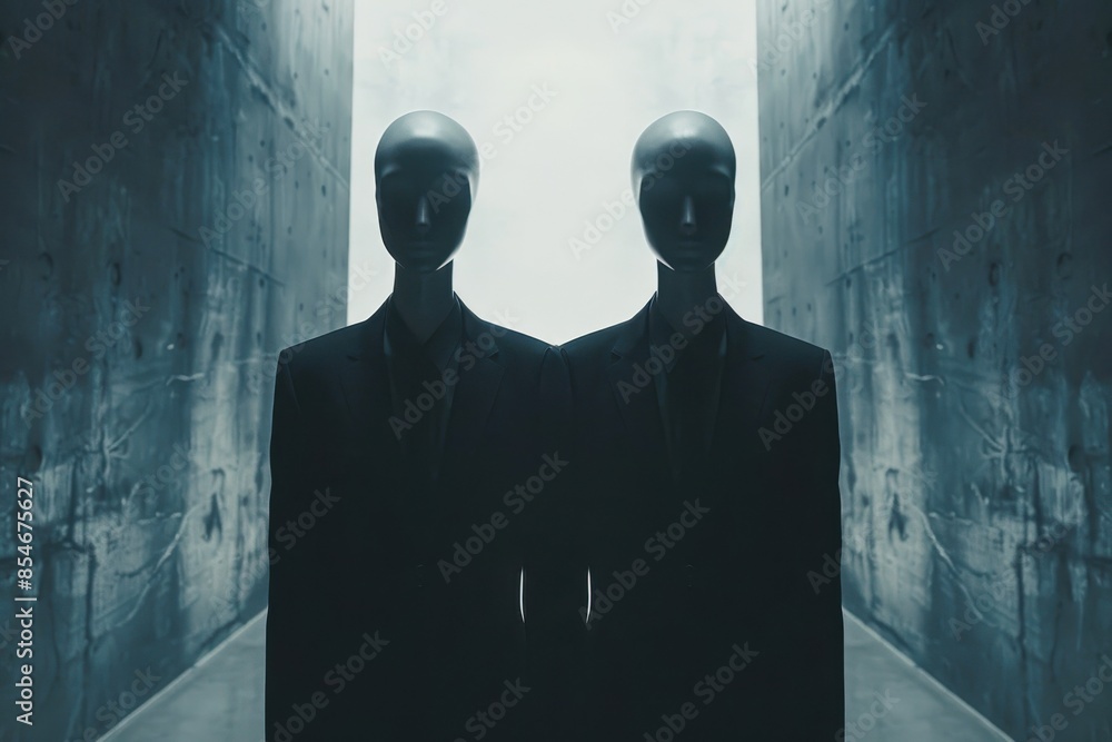 Two faceless figures in dark suits stand in a dimly lit, eerie corridor ...