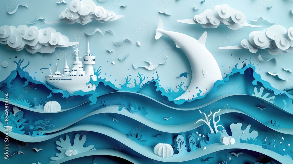 Paper cutout image of ocean with a whale breaching near a ship ...